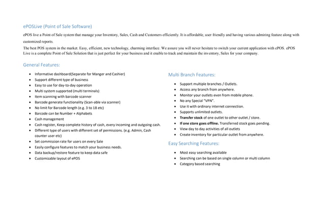 ePOSLIVE - pos software -Feature List- | PPT