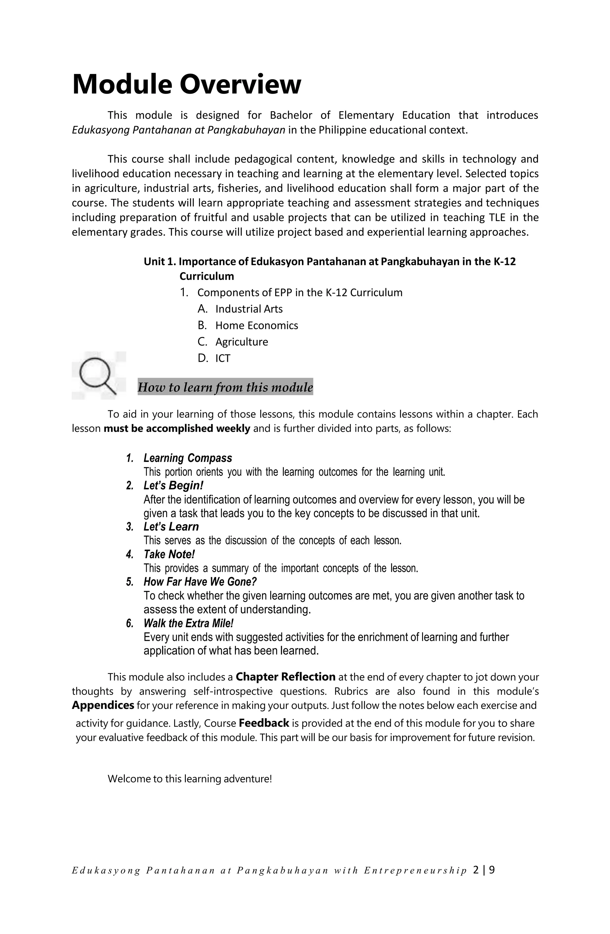 Edukasyong Pantahanan at Pangkabuhayan Module Week 1 to 2 | DOCX
