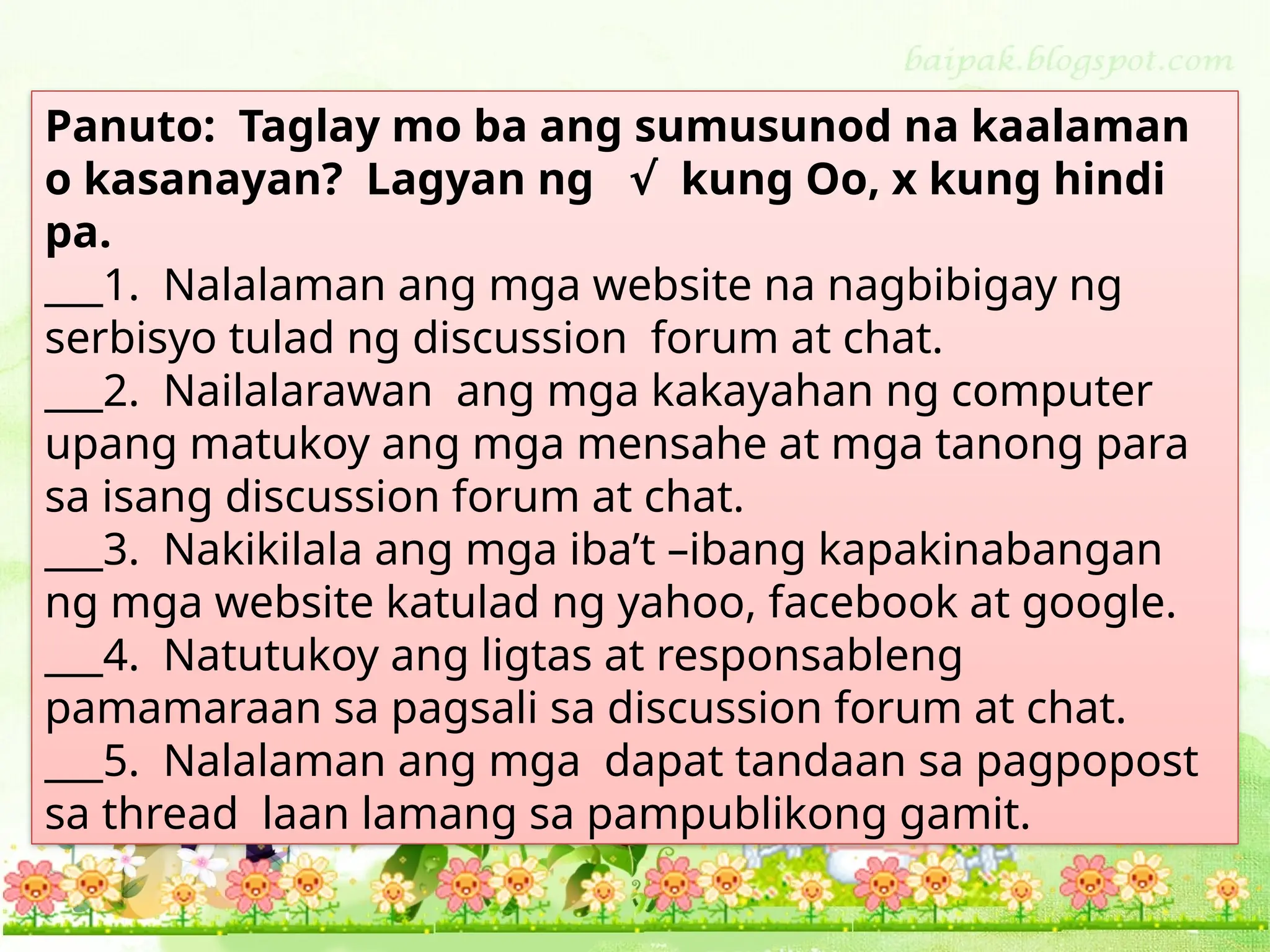 EPP 5 ICT Mga Panuntunan Sa Pagsali Sa Discussion Forum at Chat.pptx
