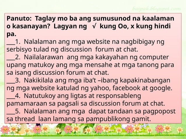 EPP 5 ICT Mga Panuntunan Sa Pagsali Sa Discussion Forum at Chat.pptx