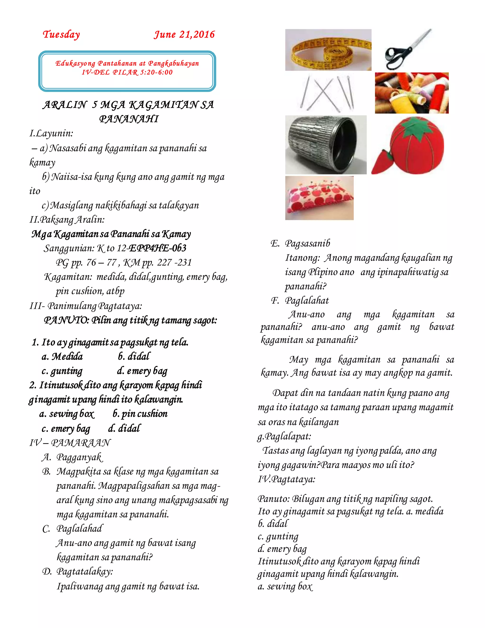 Epp aralin 5 8 pangangalaga ng kasuotan | DOCX