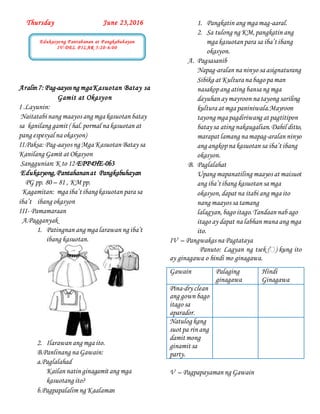 Epp aralin 5 8 pangangalaga ng kasuotan | DOCX