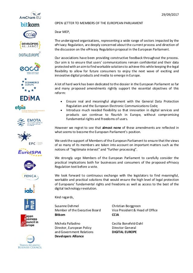 Industry Coalition for Data Protection writes letter to MEPs on ePriv…