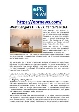 West Bengal’s HIRA vs. Center’s RERA | PDF