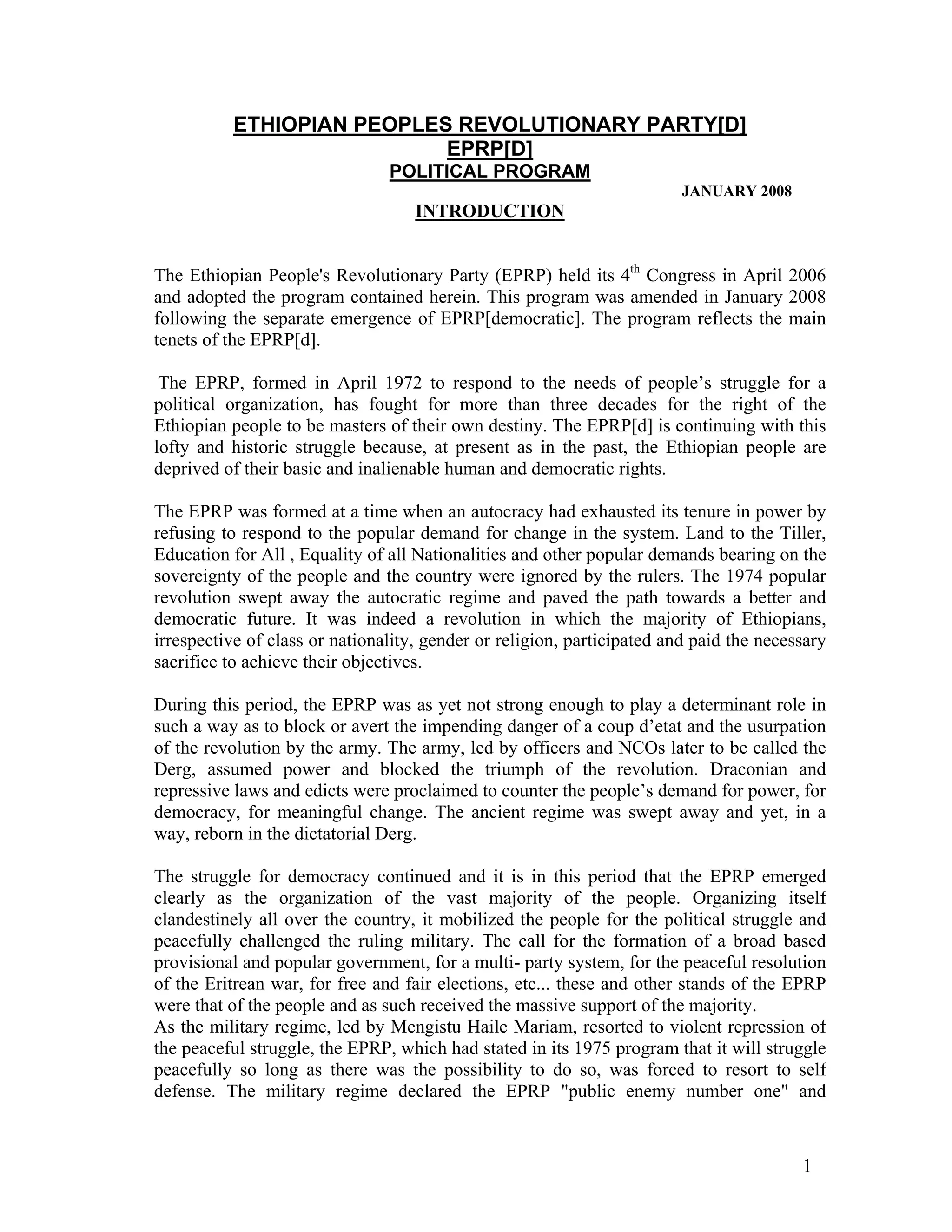 Eprp program/Ethiopian people revolutionary party general programs | PDF