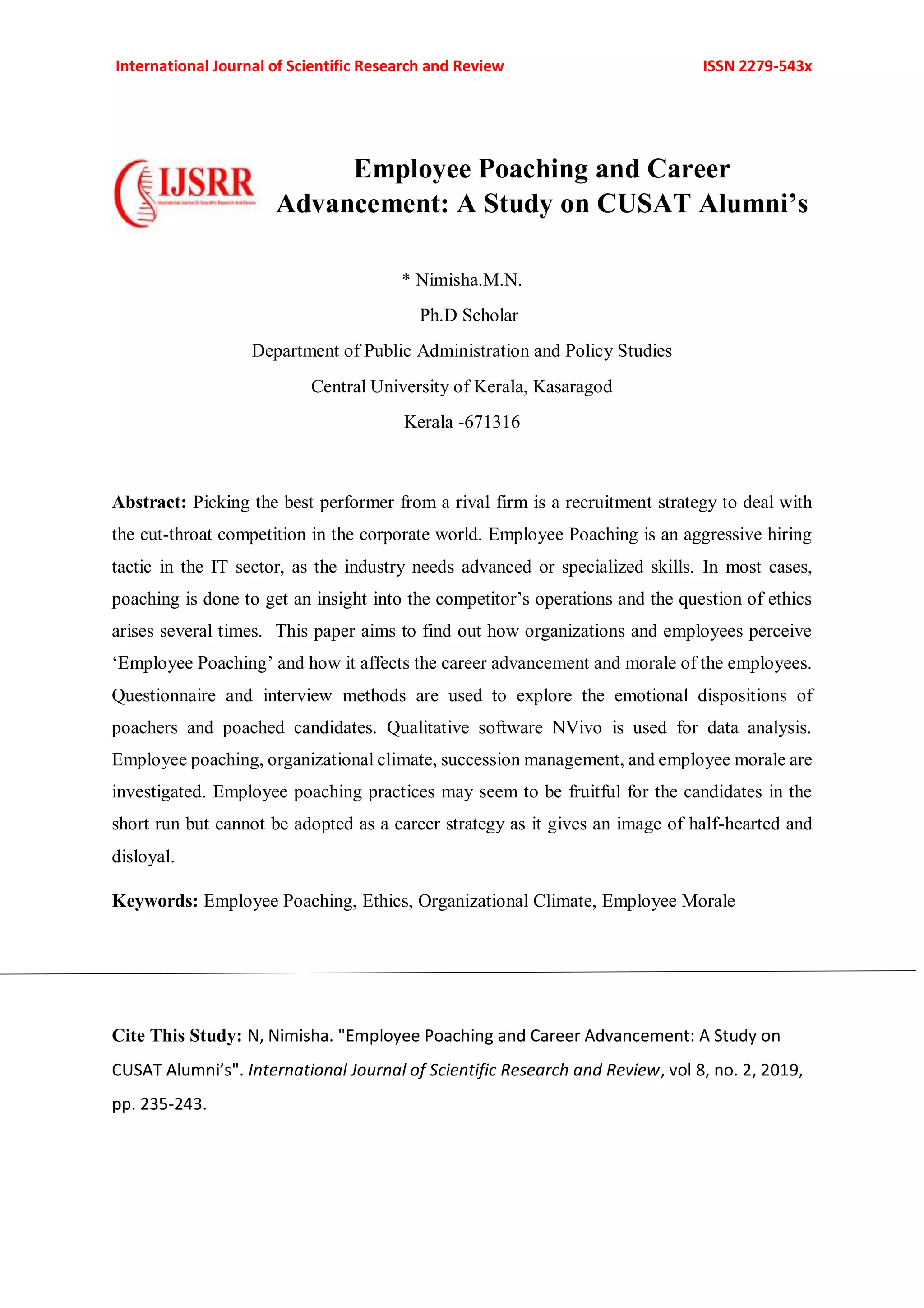 Employee Poaching and Career Advancement: A Study on CUSAT Alumni’s | PDF