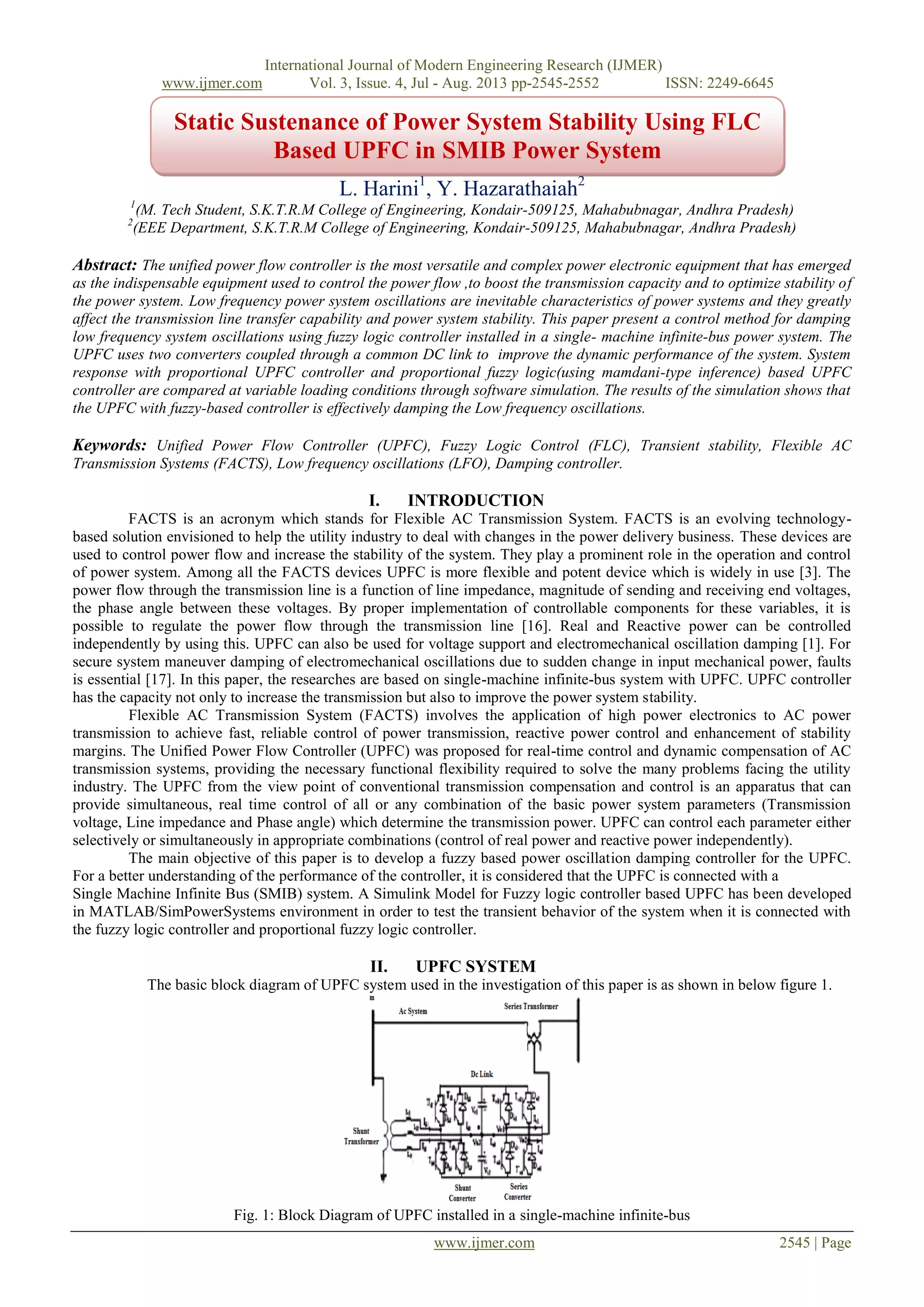 Static Sustenance of Power System Stability Using FLC Based UPFC in SMIB Power System | PDF ...
