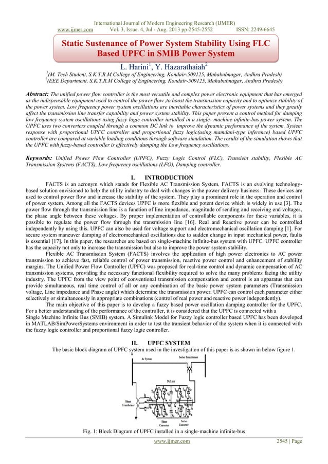 Static Sustenance of Power System Stability Using FLC Based UPFC in SMIB Power System | PDF ...