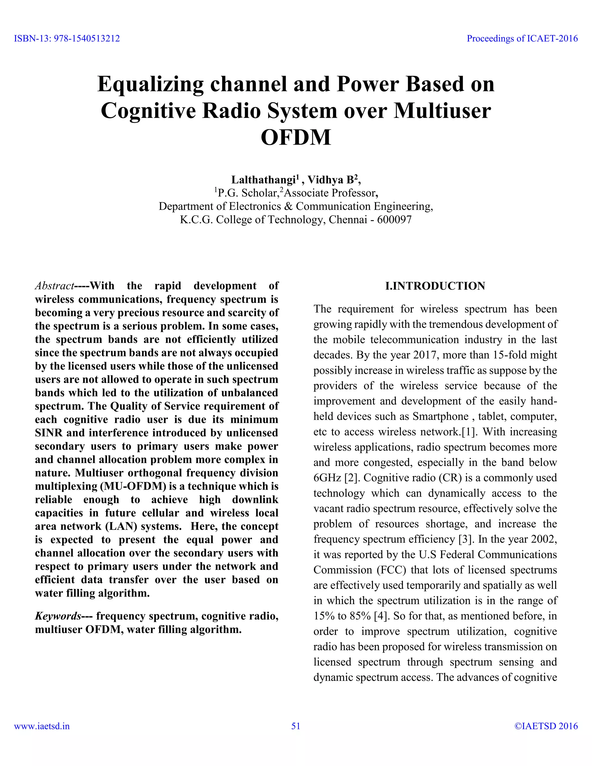 iaetsd Equalizing channel and power based on cognitive radio system over multiuser ofdm | PDF