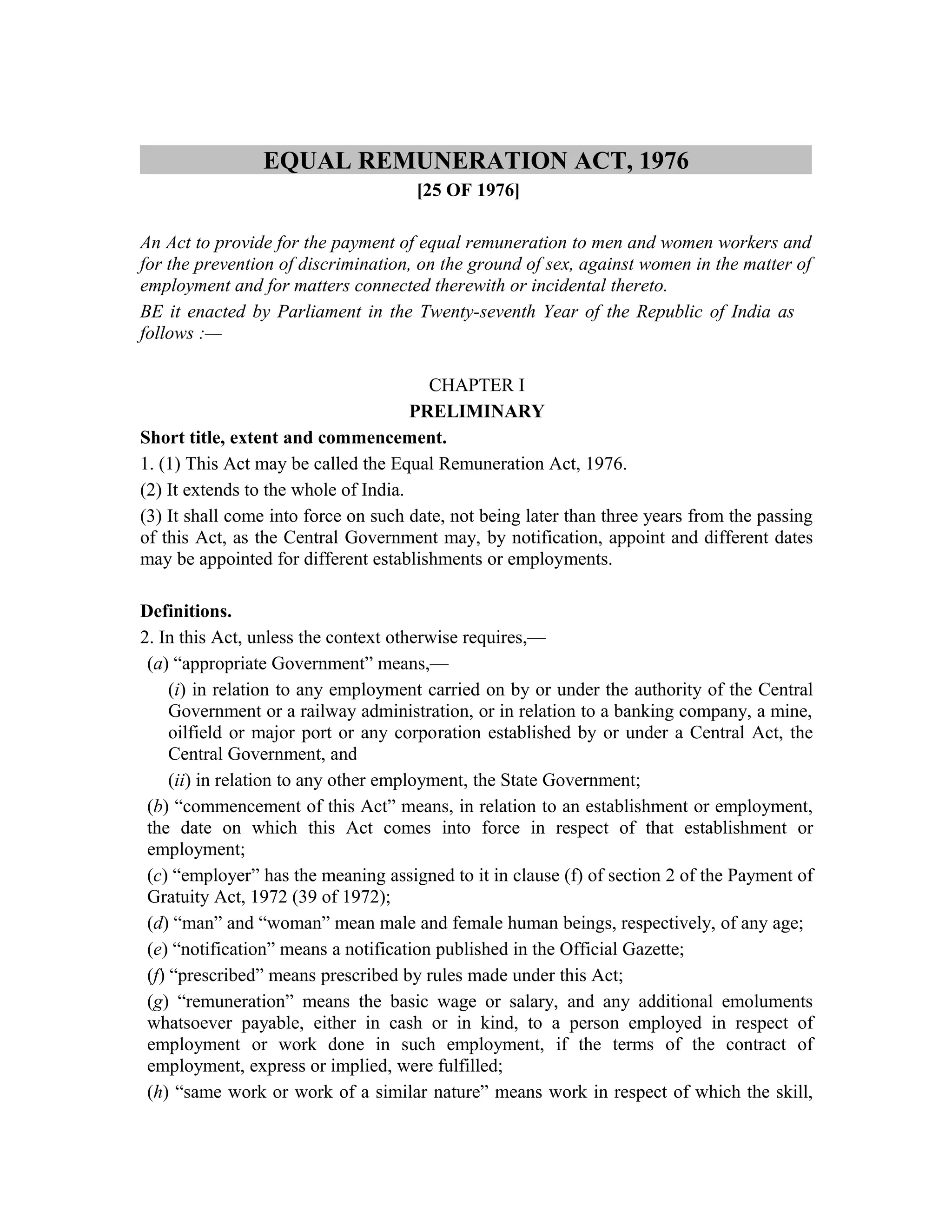 Equal remuneration act 1976 | DOC