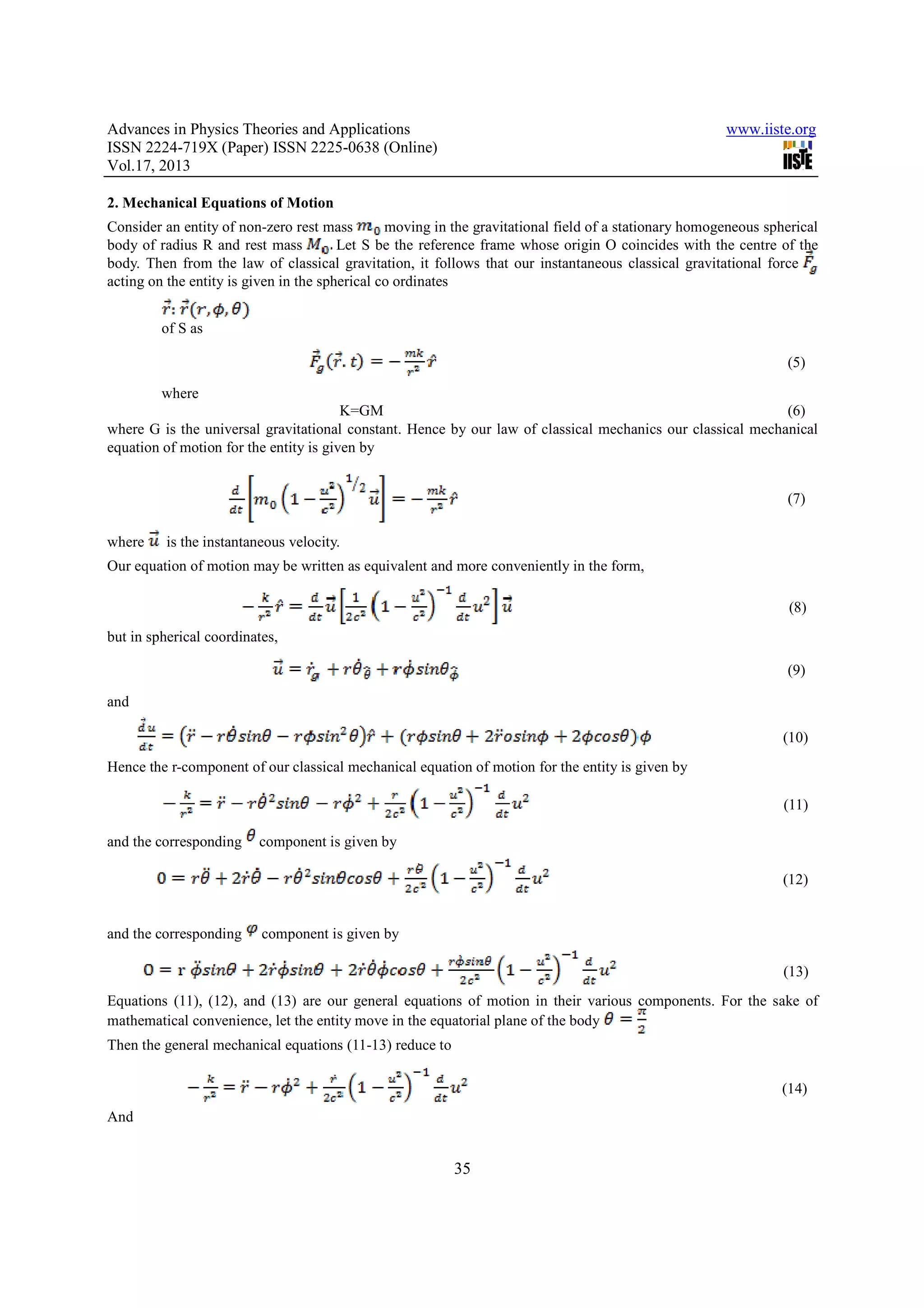 Equation of a particle in gravitational field of spherical body | PDF