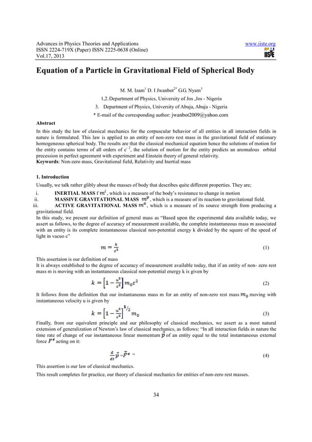 Equation of a particle in gravitational field of spherical body | PDF