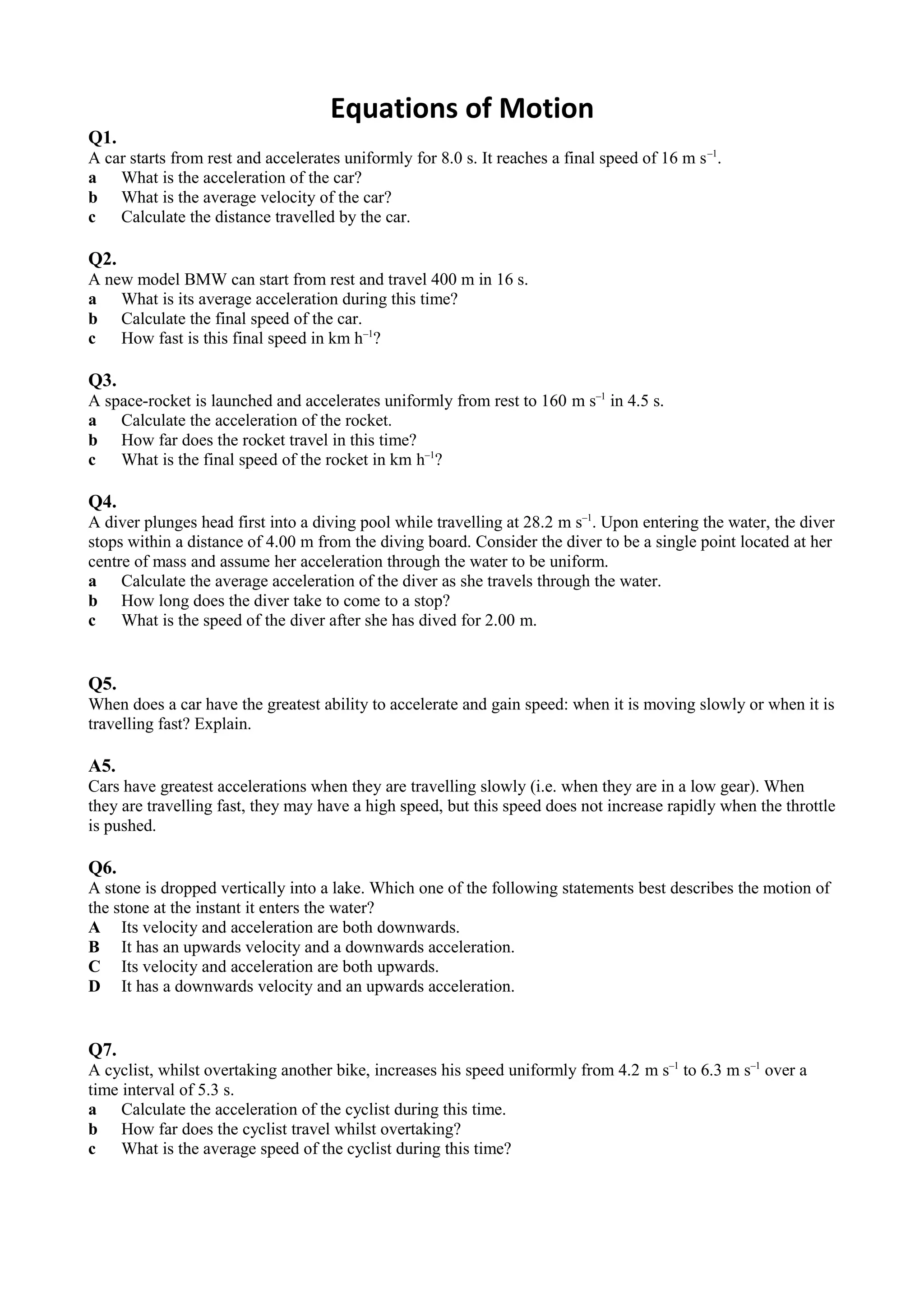 Equations of motion worksheet | DOC | Physics | Science