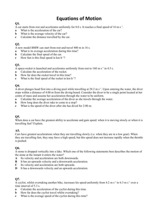 Equations of motion worksheet | DOC