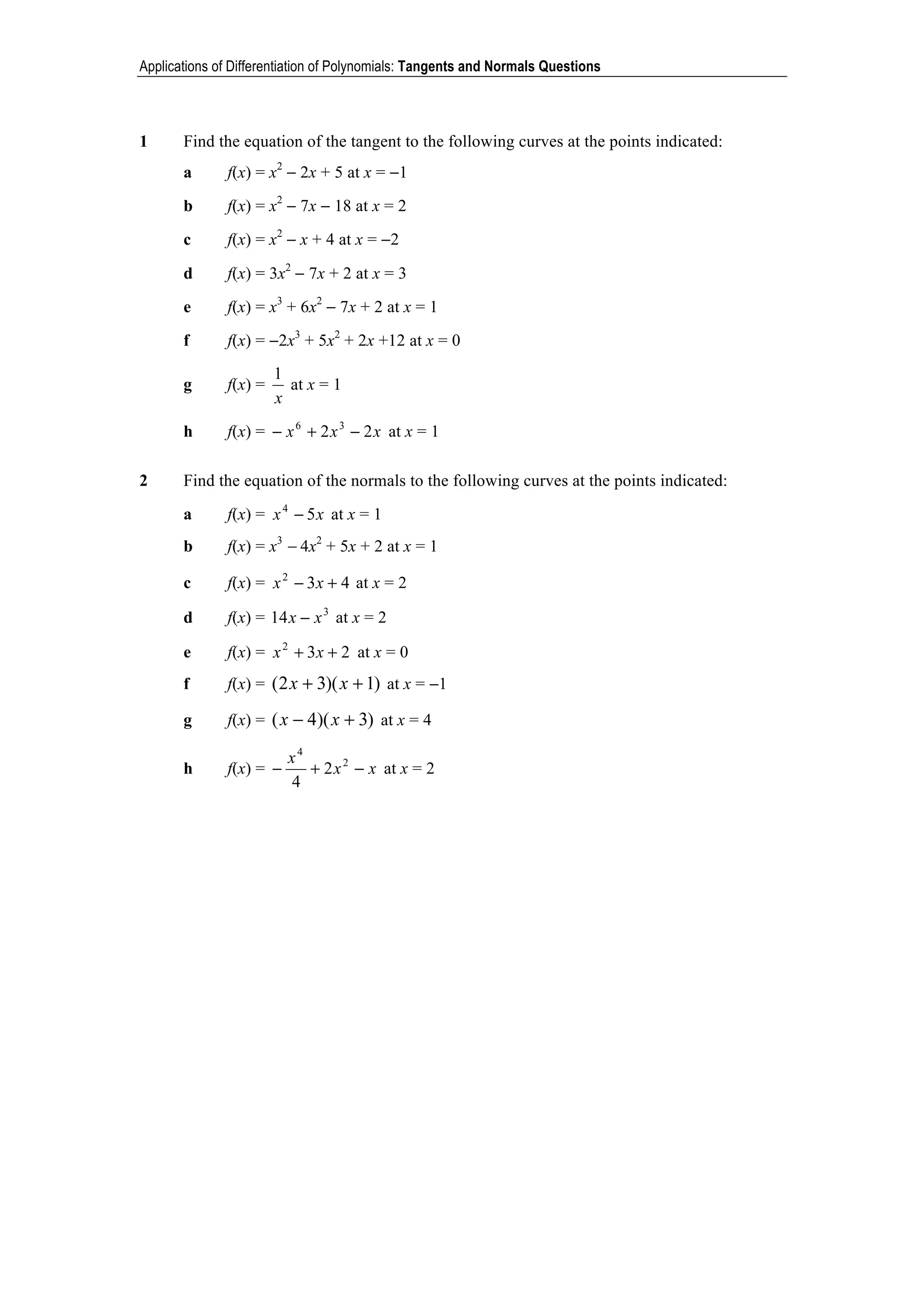 Equations of Tangents and Normals | PDF