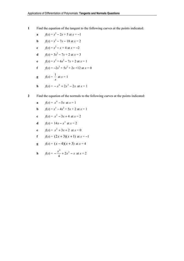 Equations of Tangents and Normals | PDF