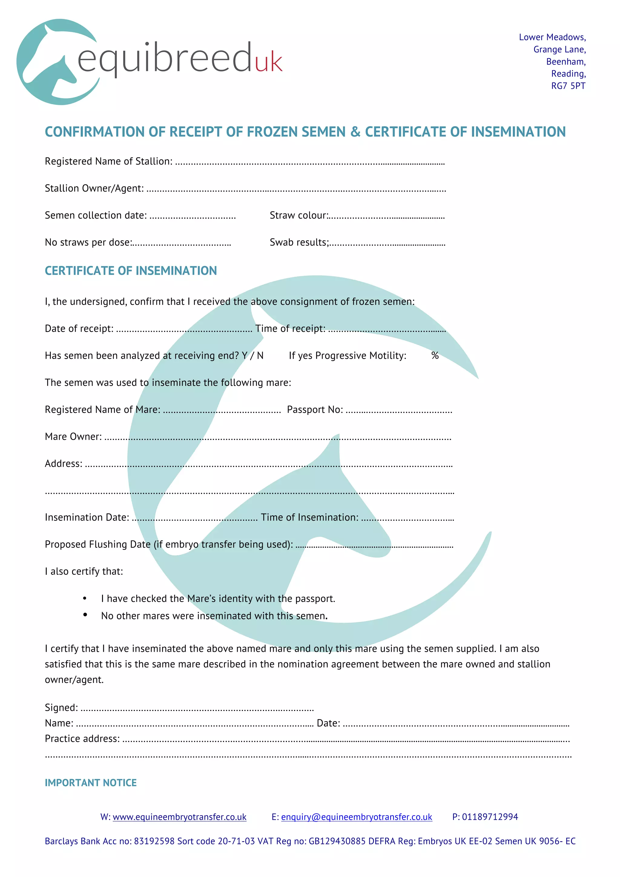 Equibreed UK Semen Dispatch Certificate 2020 v.1 | PDF