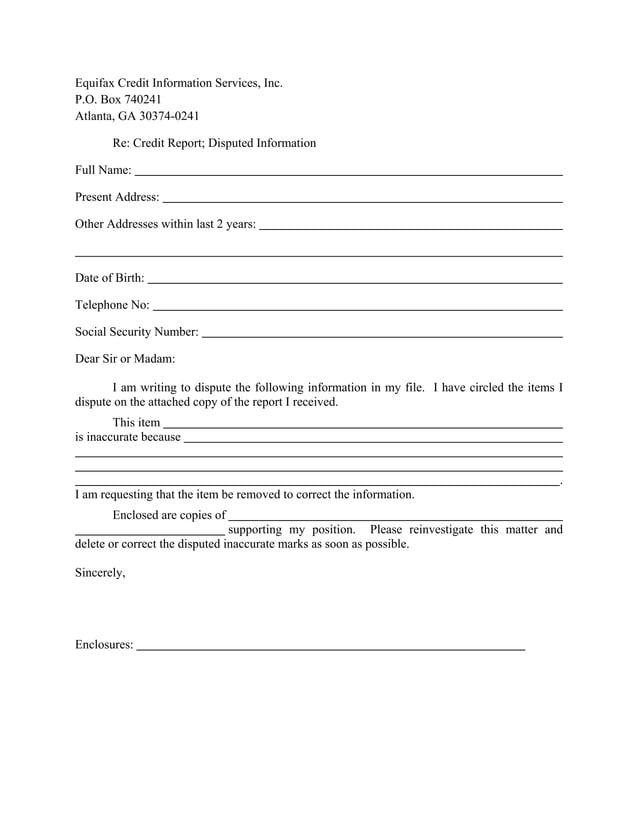 Equifax Dispute Form | PDF