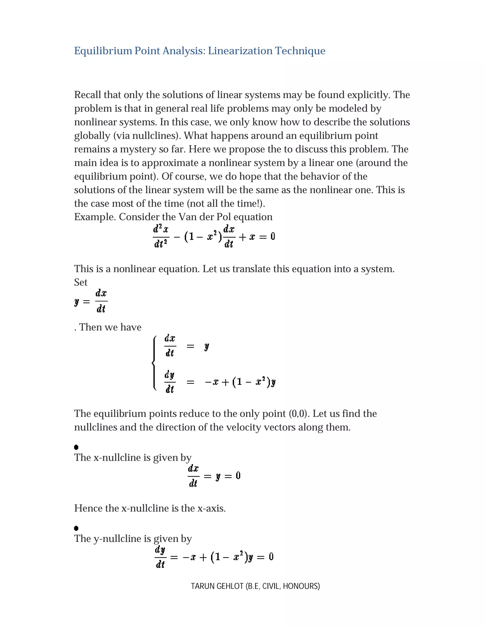Equilibrium Point Analysis Linearization Technique Pdf Free Download
