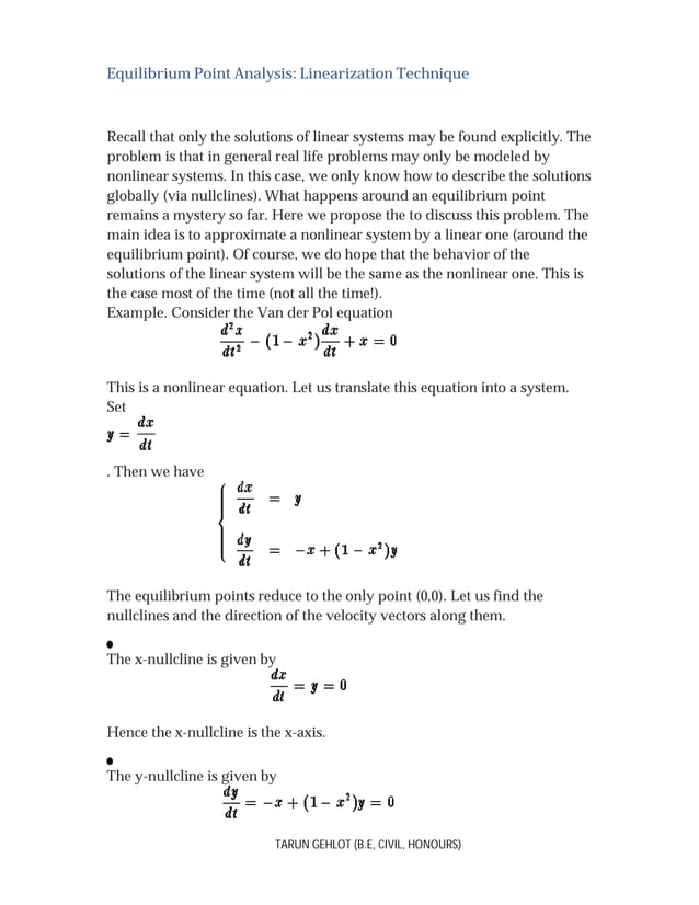 Equilibrium point analysis linearization technique | PDF