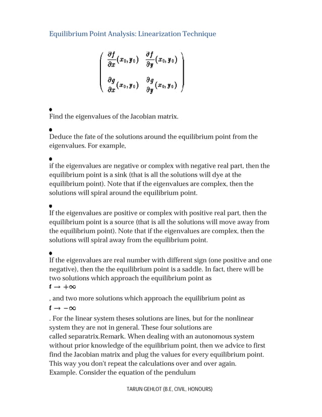 Equilibrium point analysis linearization technique | PDF