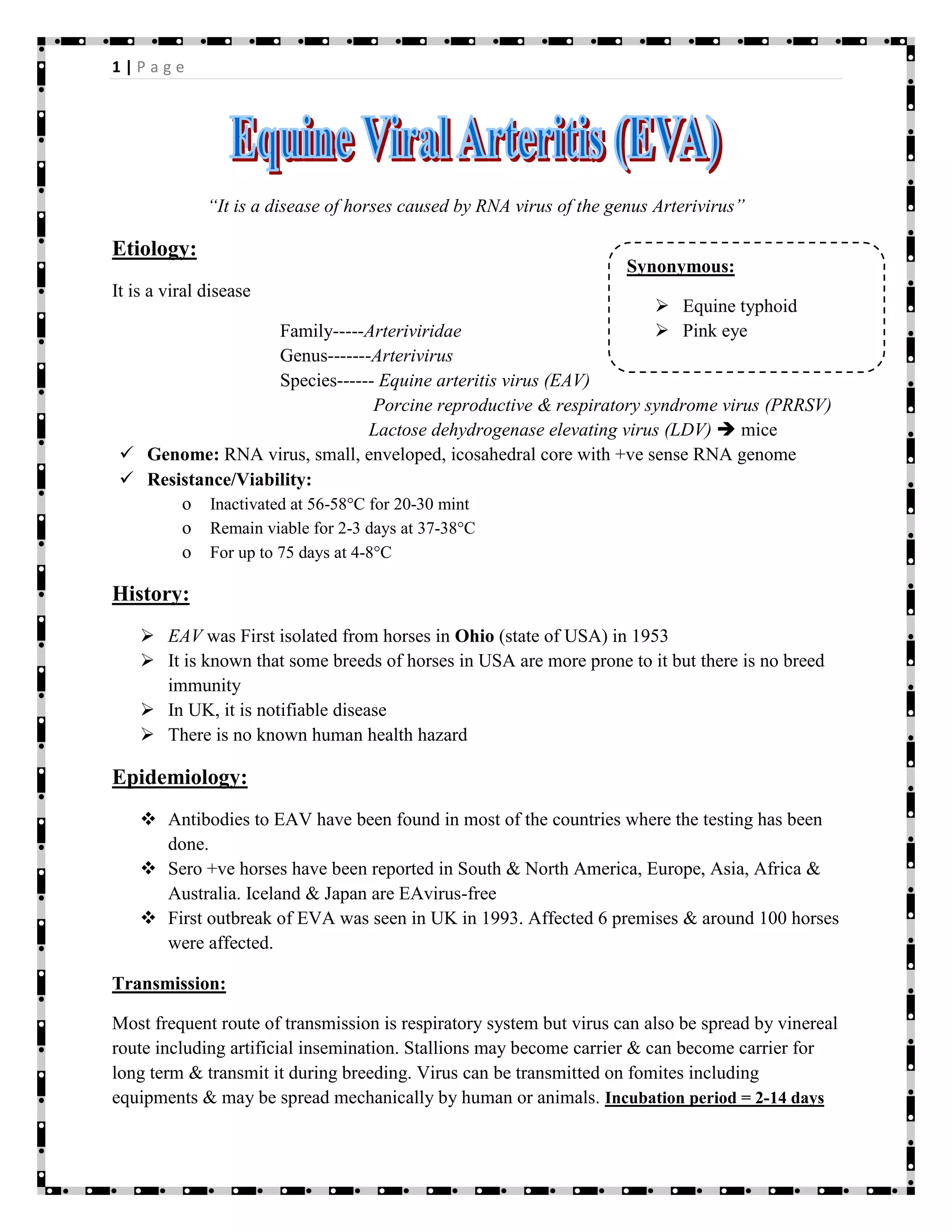 Equine viral arteritis (eva) | PDF