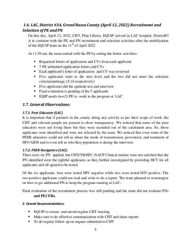 EQUIP Liberia peer educators and peer navigators recruitment report ...