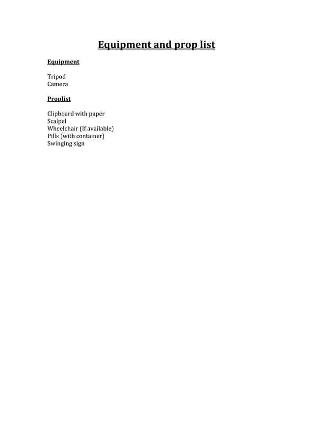 Equipment and prop list | DOCX | Photography | Arts and Crafts