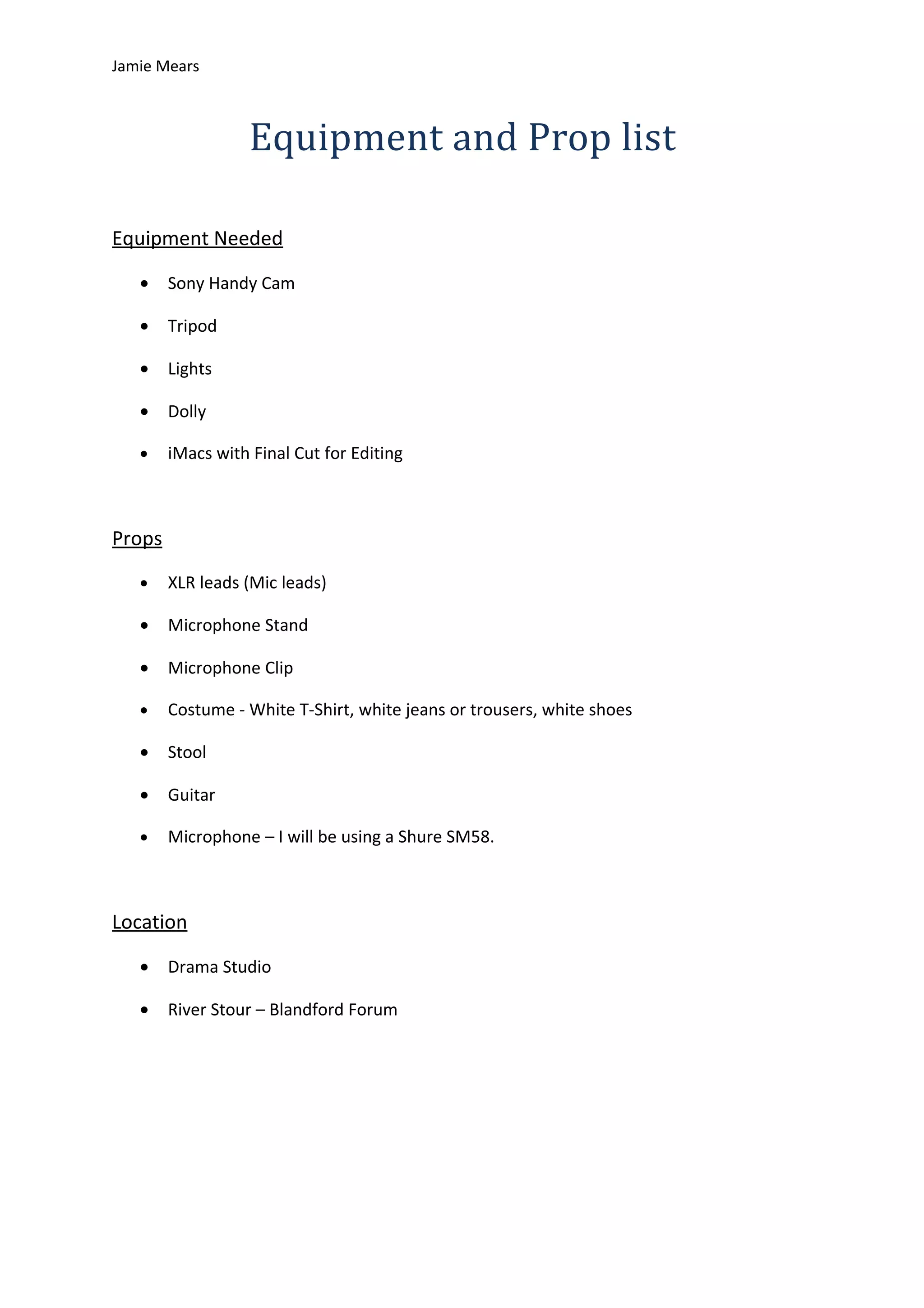 Equipment and Props List | PDF