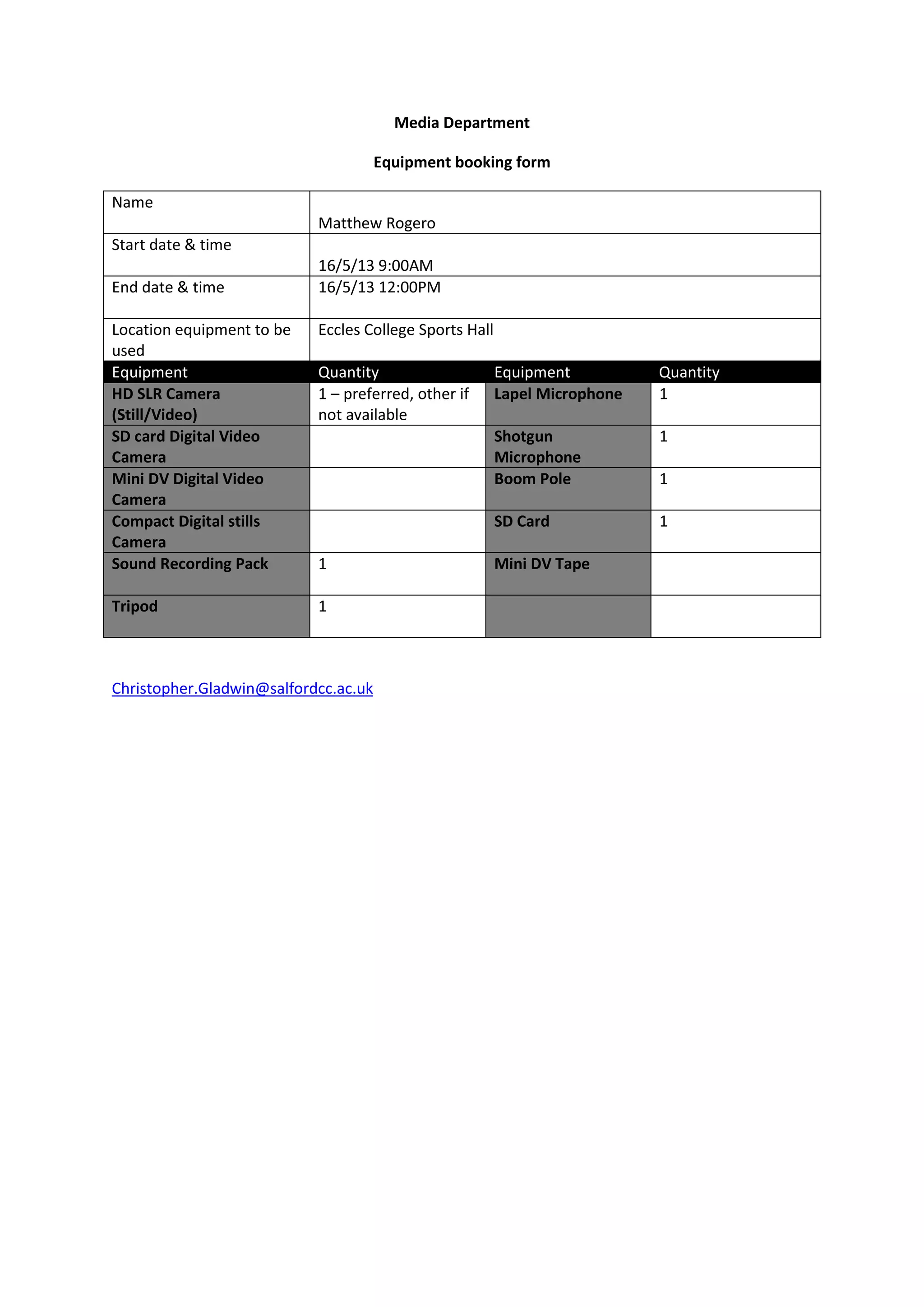 Equipment booking form | DOCX