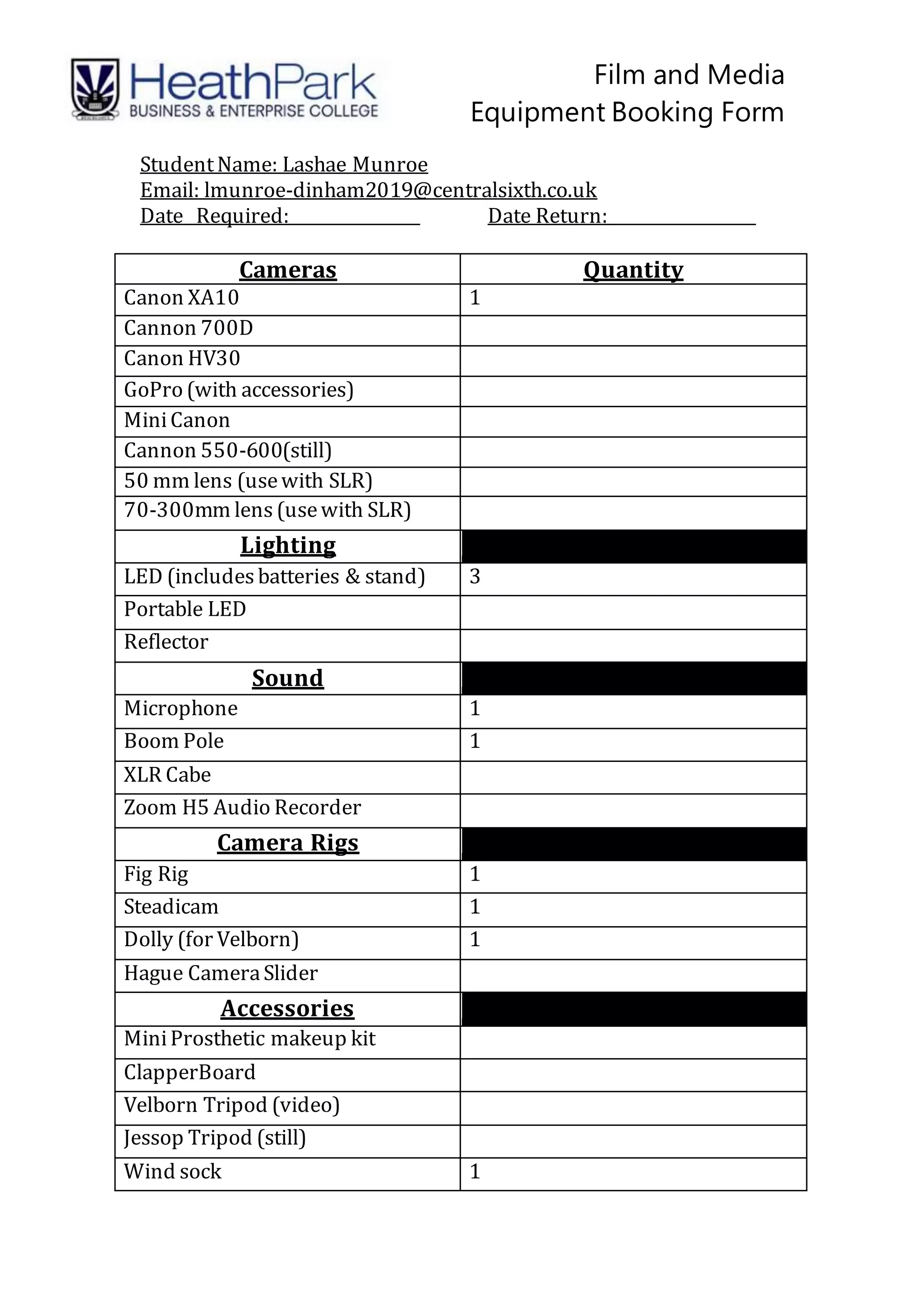 Equipment booking form | DOCX
