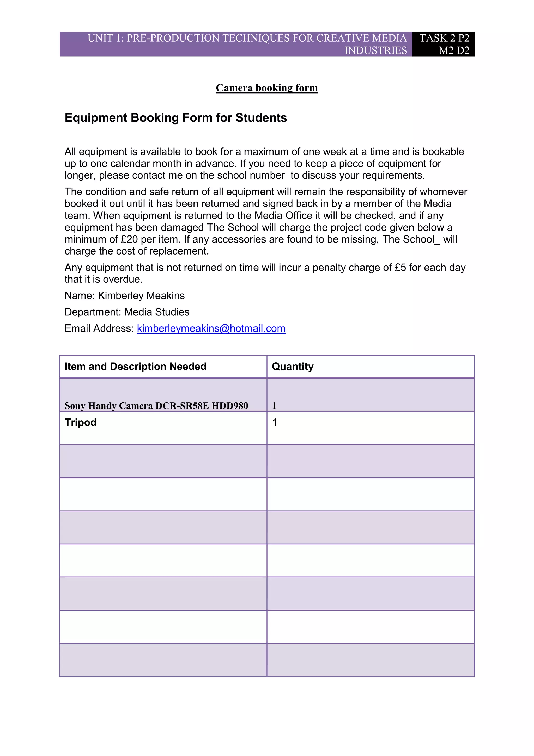 Equipment booking form 1 | DOCX
