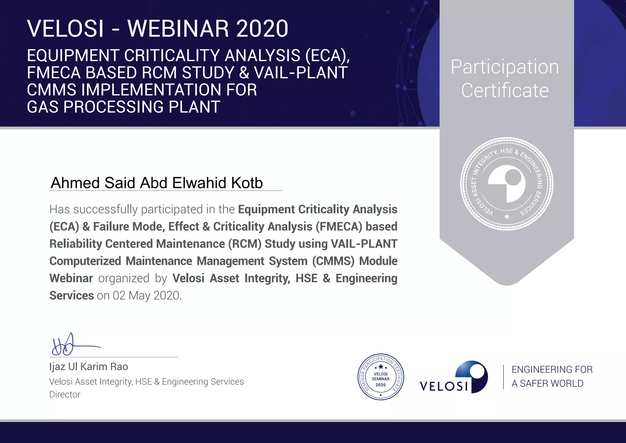 Certificate of Completion "Equipment Criticality Analysis (ECA ...