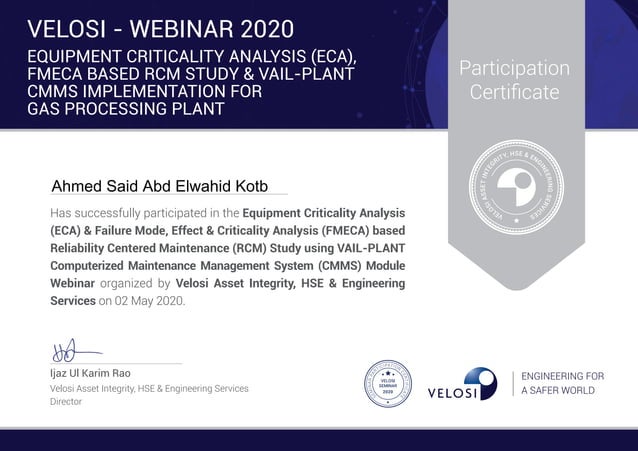 Certificate of Completion "Equipment Criticality Analysis (ECA) & Failure Mode,Effect ...