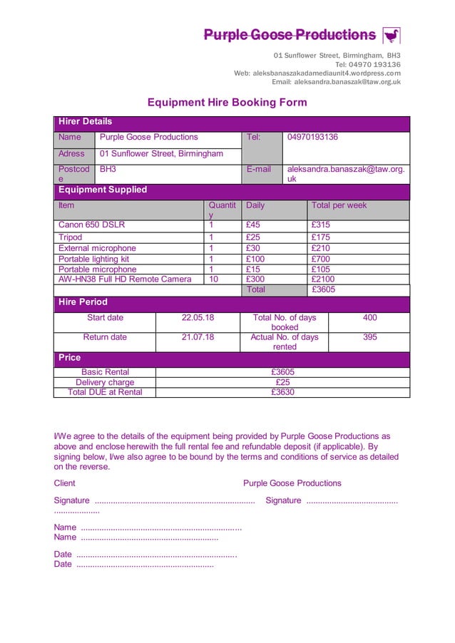 Equipment hire booking form | DOCX | Cameras and Camcorders | Consumer ...