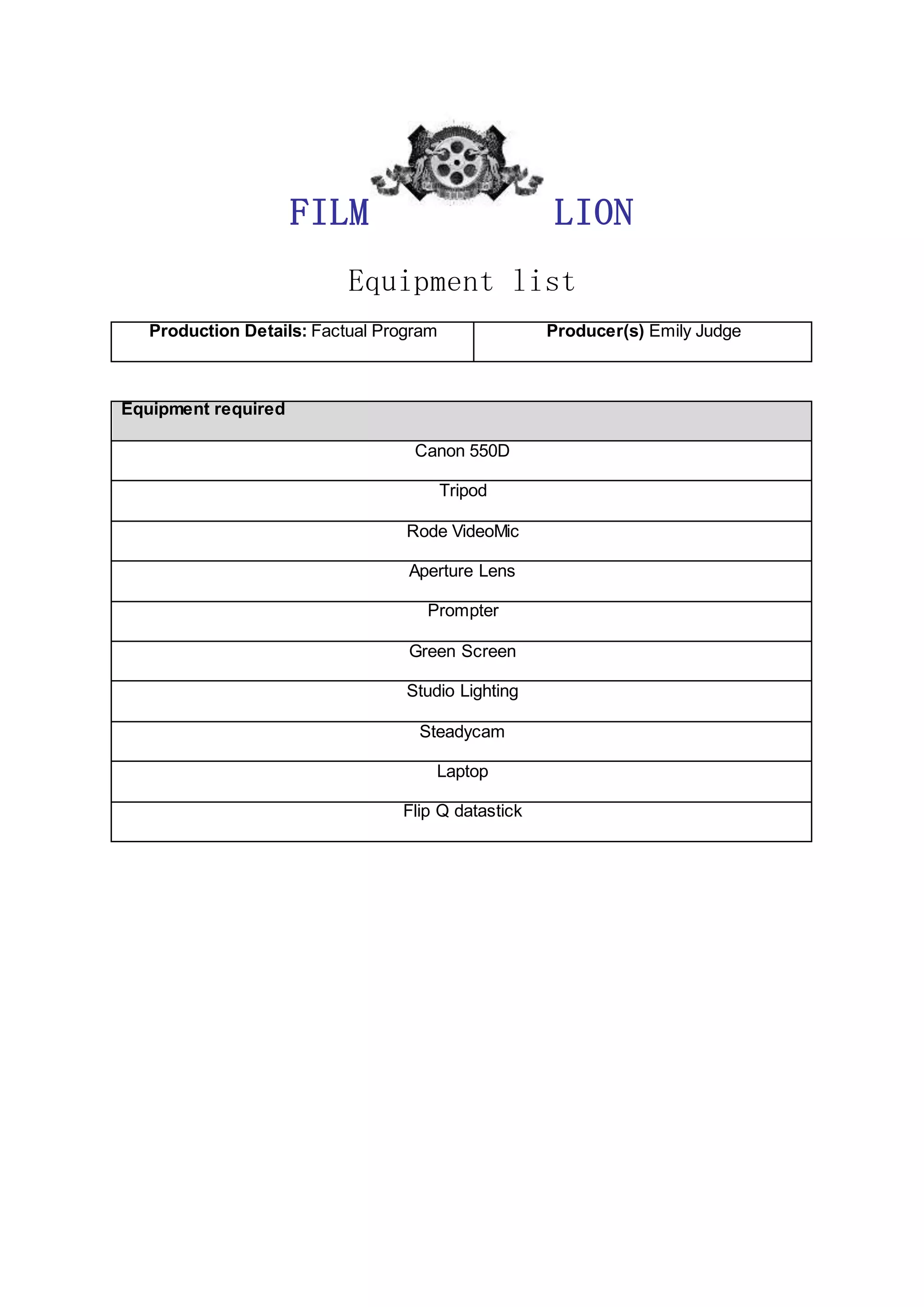 Equipment list | DOCX | Cameras and Camcorders | Consumer Electronics