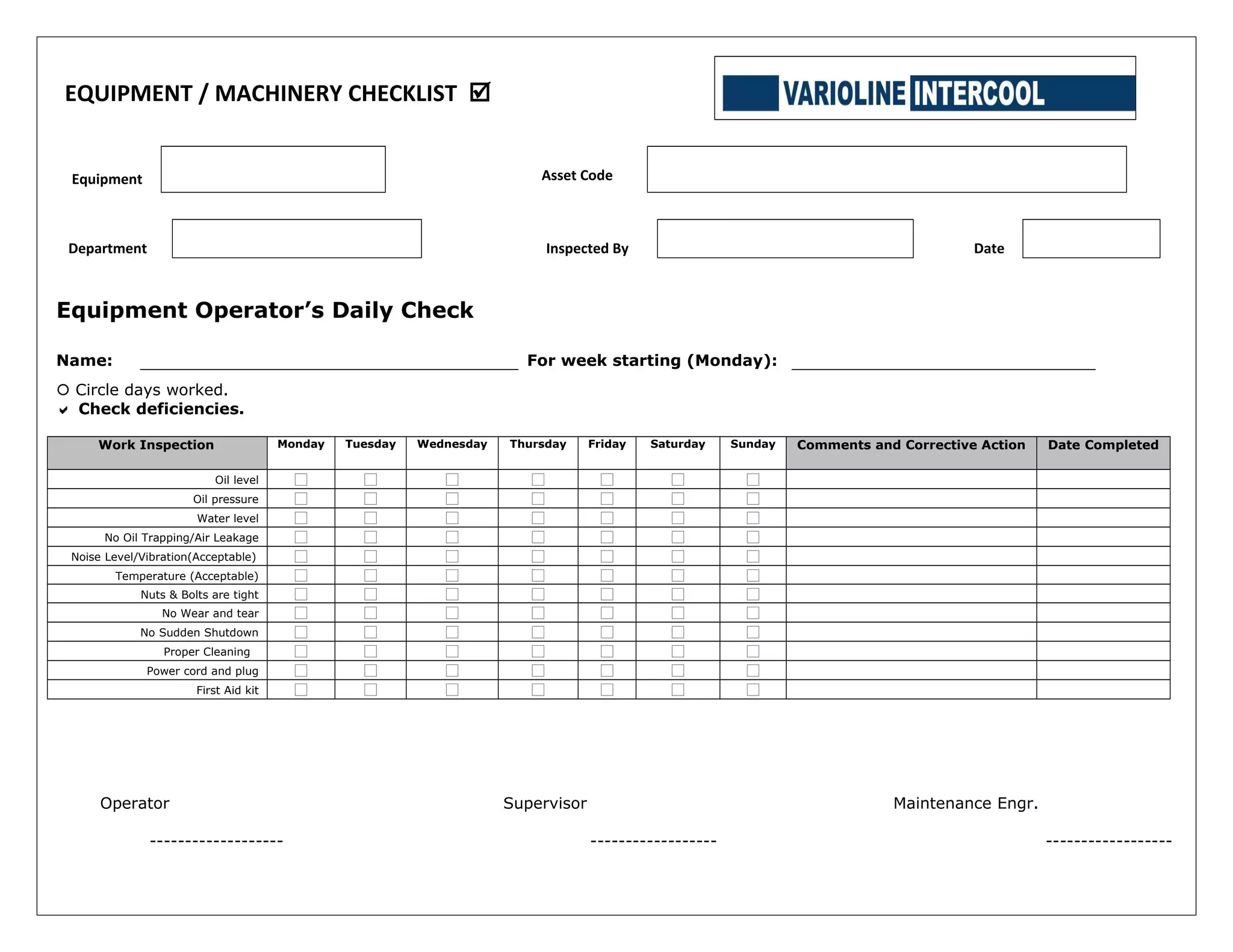 Equipment operators daily checklist | DOC