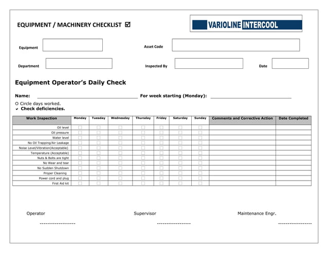 Equipment operators daily checklist | DOC