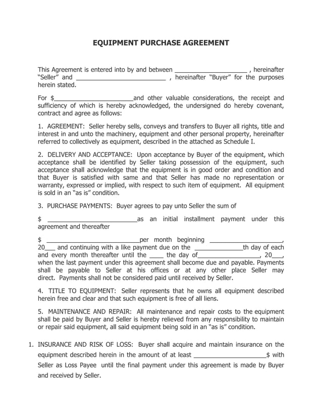 EQUIPMENT PURCHASE AGREEMENT | PDF | Real Estate Buying and Selling ...