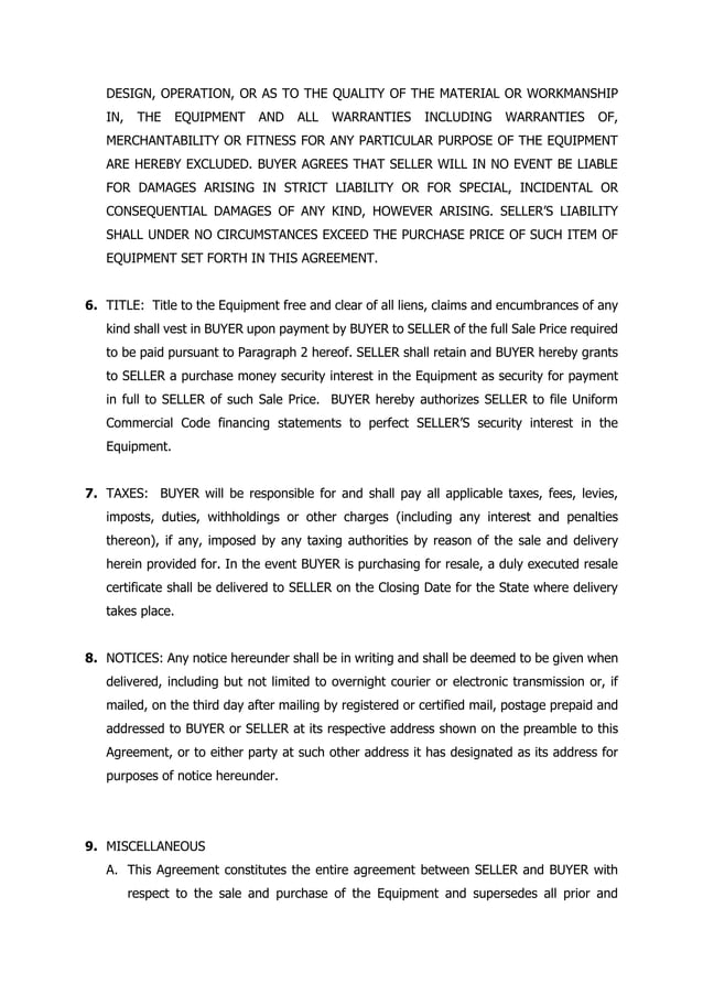 EQUIPMENT SALE AGREEMENT | PDF | Real Estate Buying and Selling | Real ...