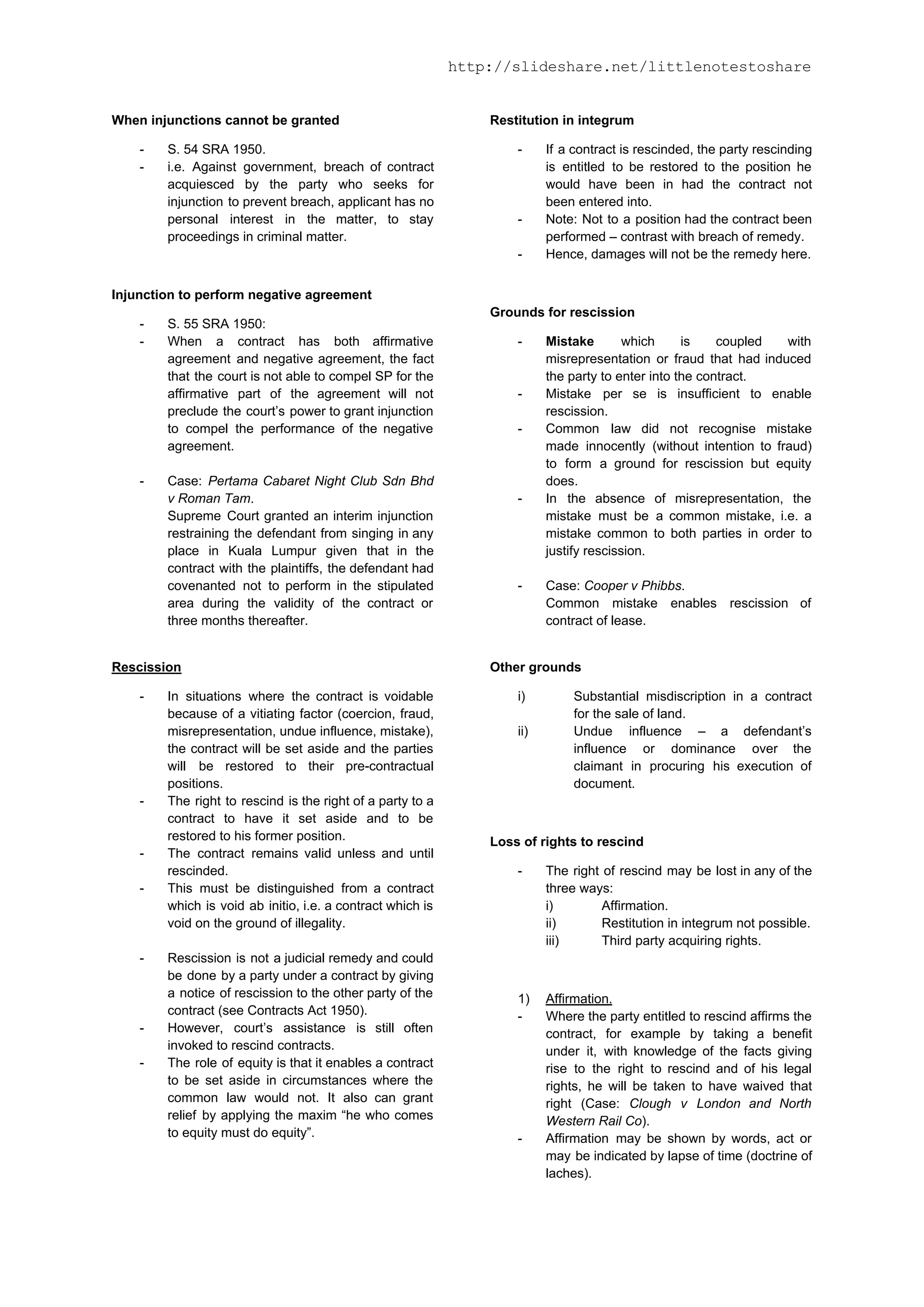 LAW501: Equity & Trust: Equitable Remedies Notes | PDF