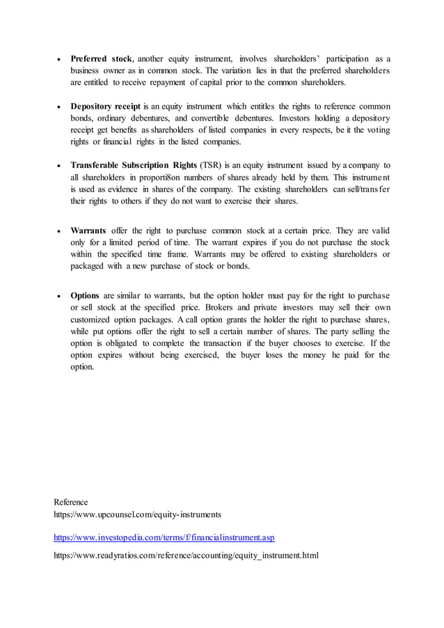 Equity instruments | DOCX | Stocks and Bonds | Personal Investing