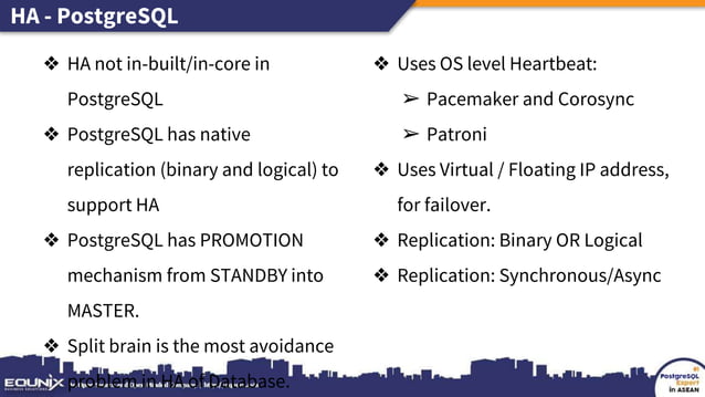 High Availability and Disaster Recovery in PostgreSQL - EQUNIX | PPT
