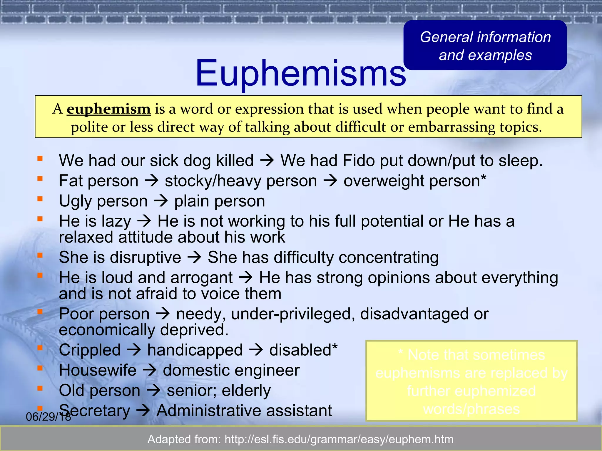 Lesson 2: Euphemism | PPT