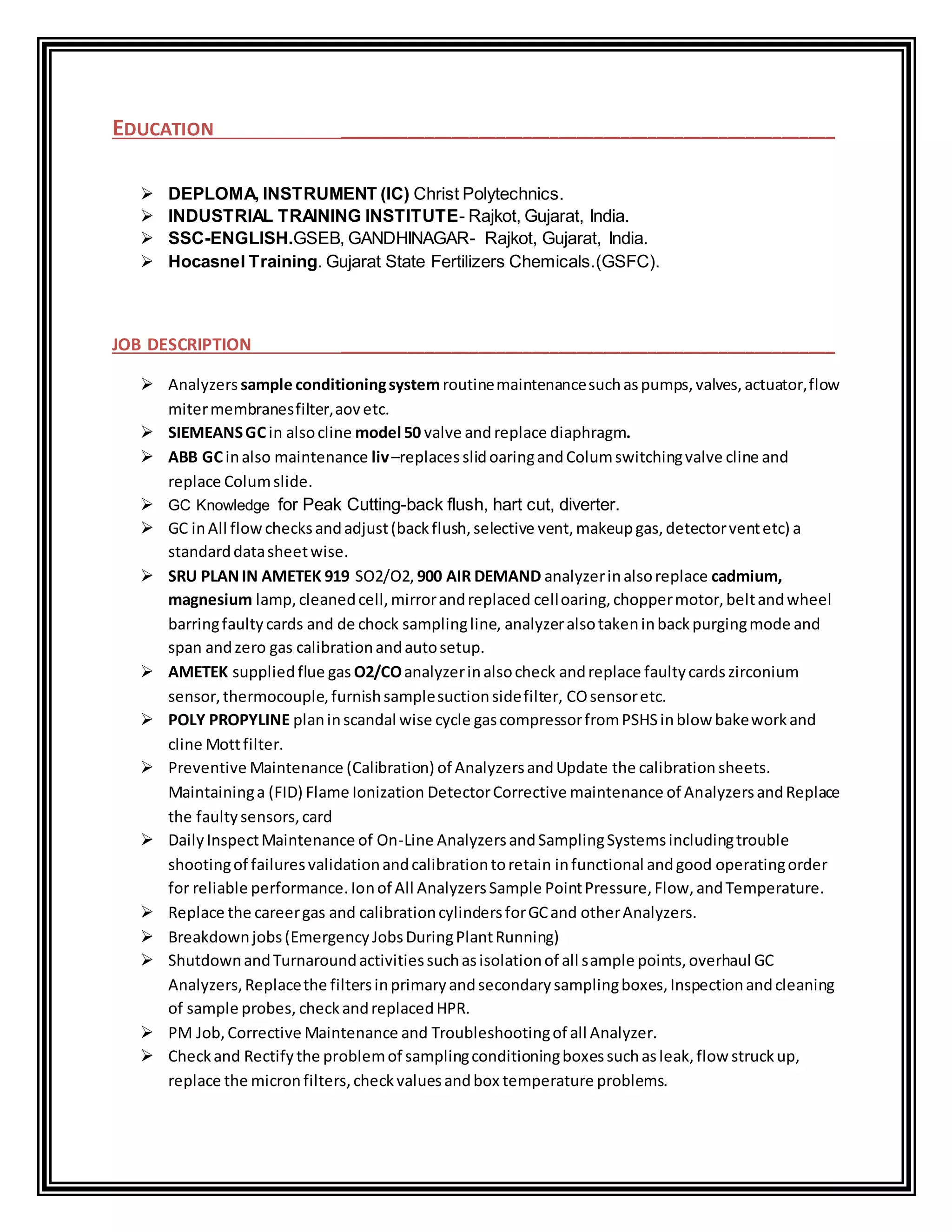 Analyzer Maintenance Engineer. | DOCX