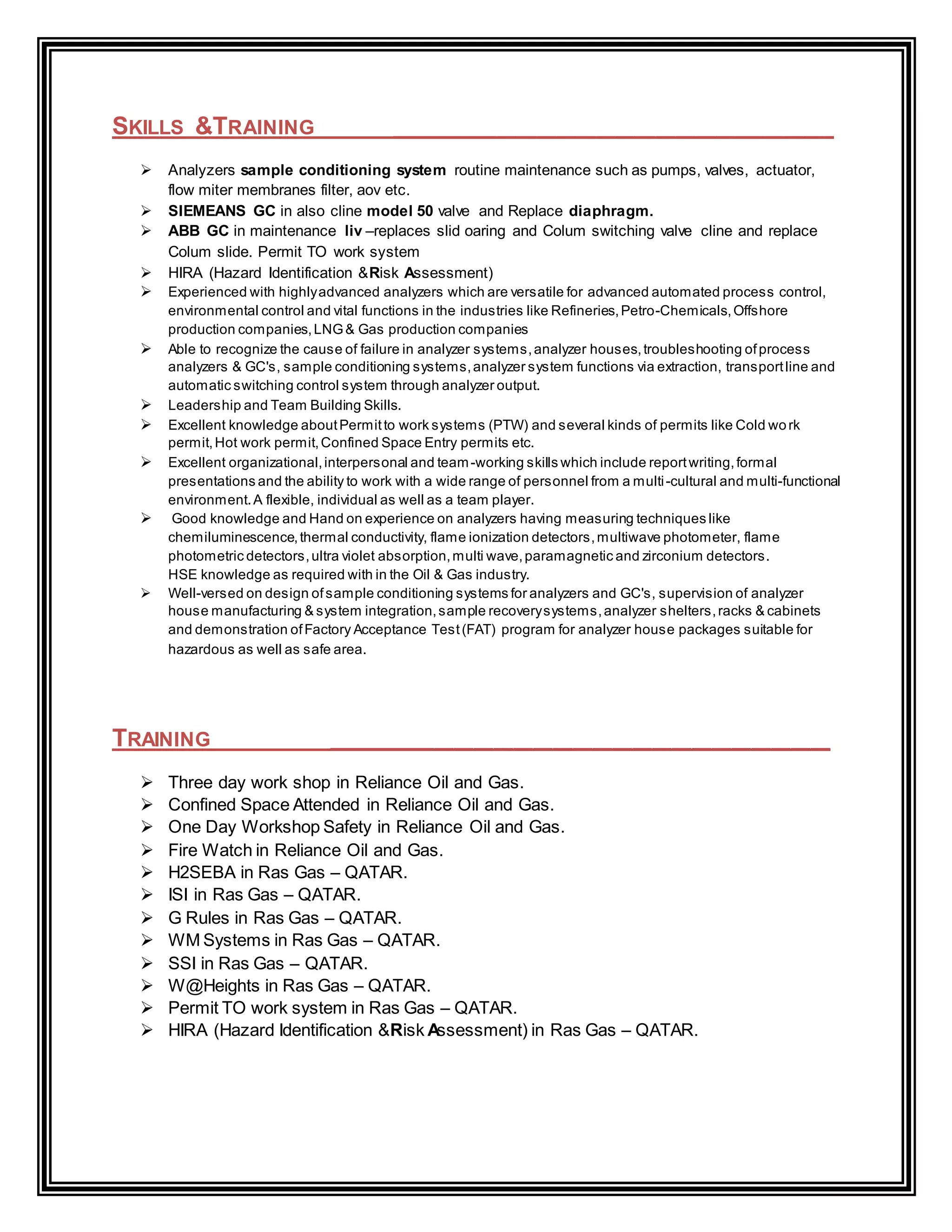 Analyzer Maintenance Engineer. | DOCX