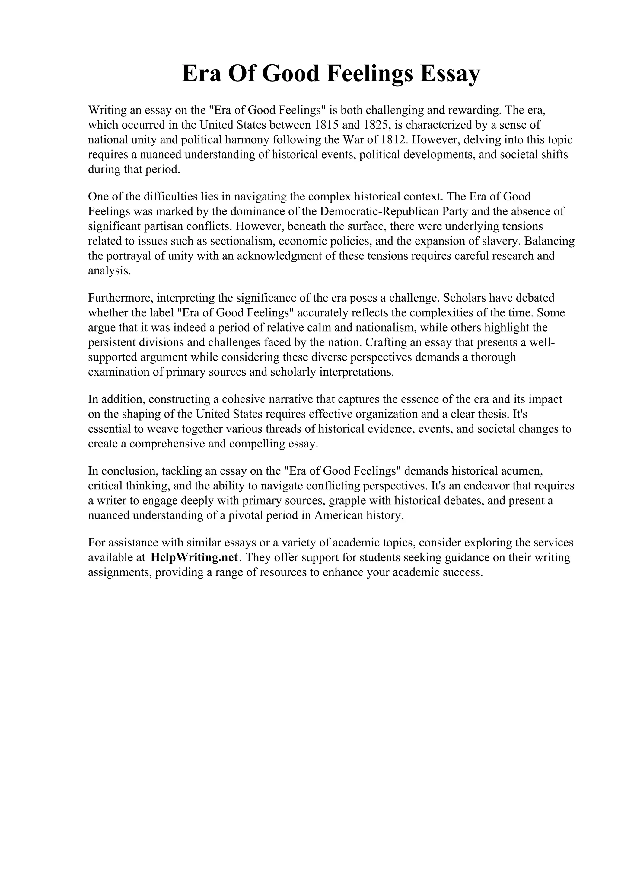 Era Of Good Feelings Essay. PPT - Era of Good Feelings: 1815-1829 ...