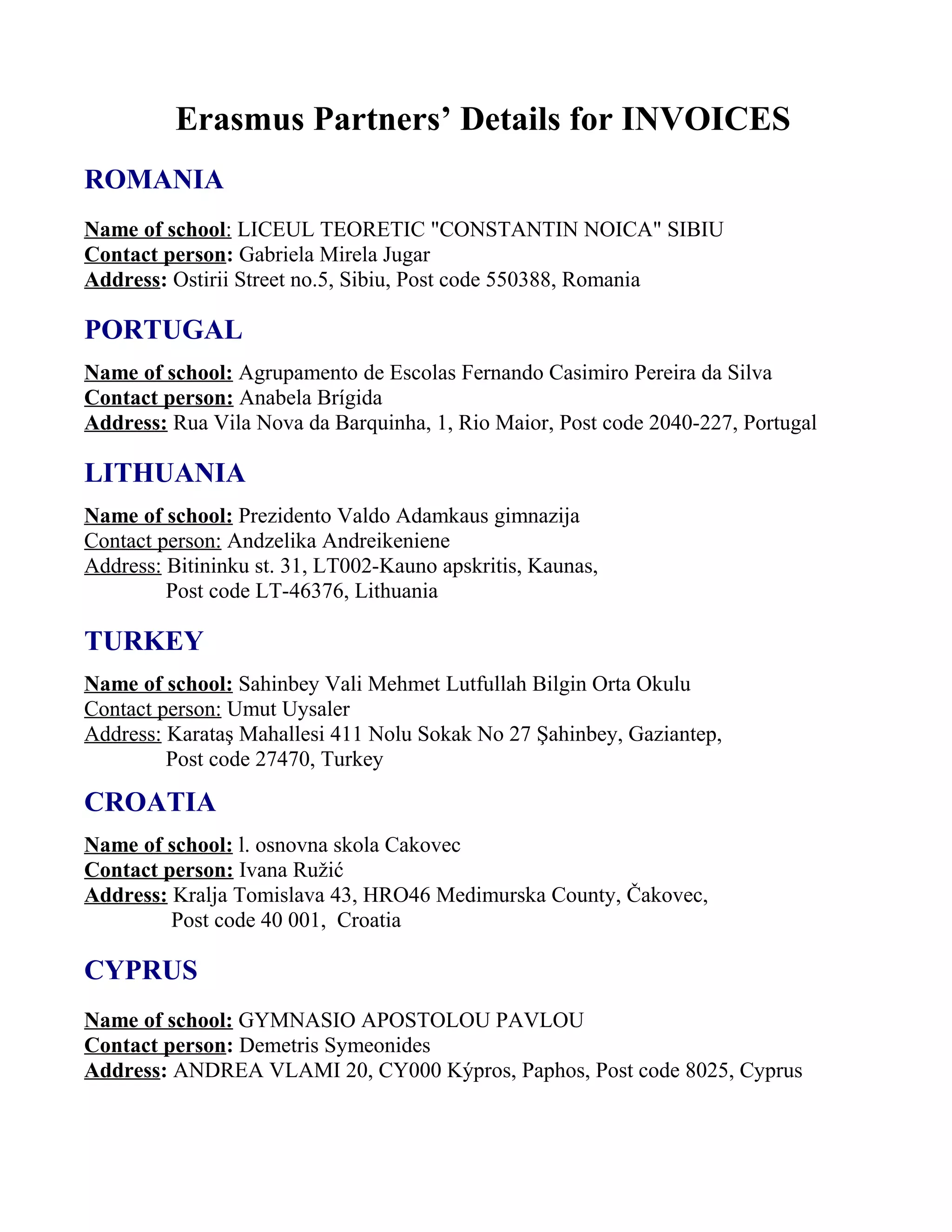 Erasmus Partners’ Details for Invoices | DOC