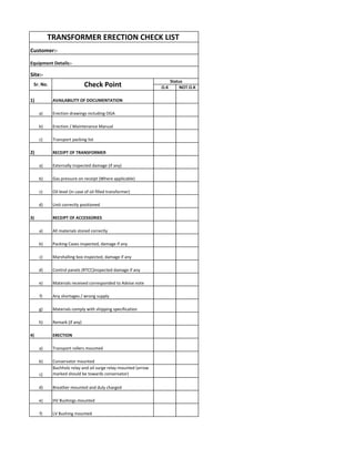 Erection Checklist for Solar Inverters, Solar Transformers & Solar String Combiner Box | PDF