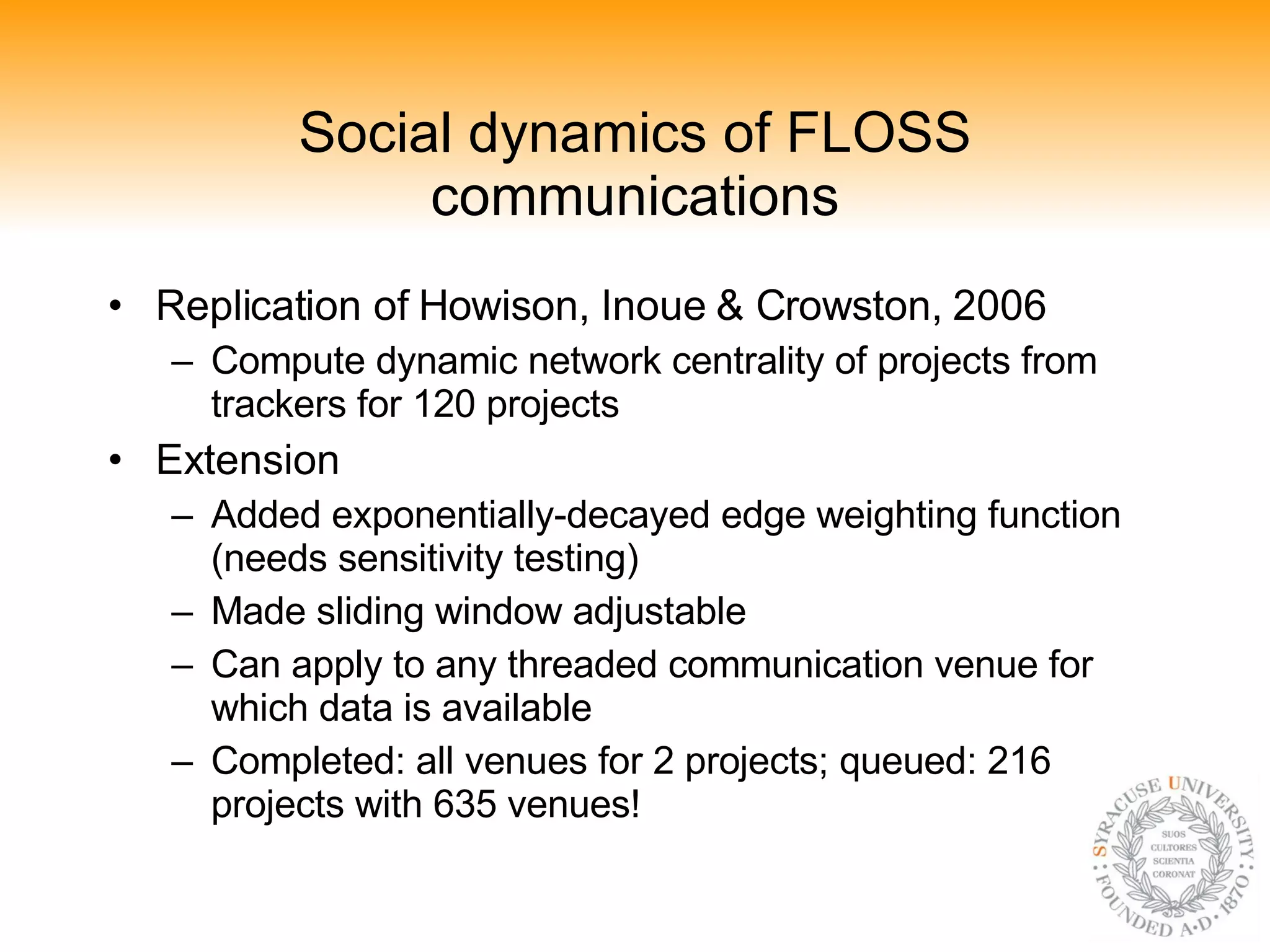 Dynamic Social Network Analysis (and more!) with eResearch Tools | PPT